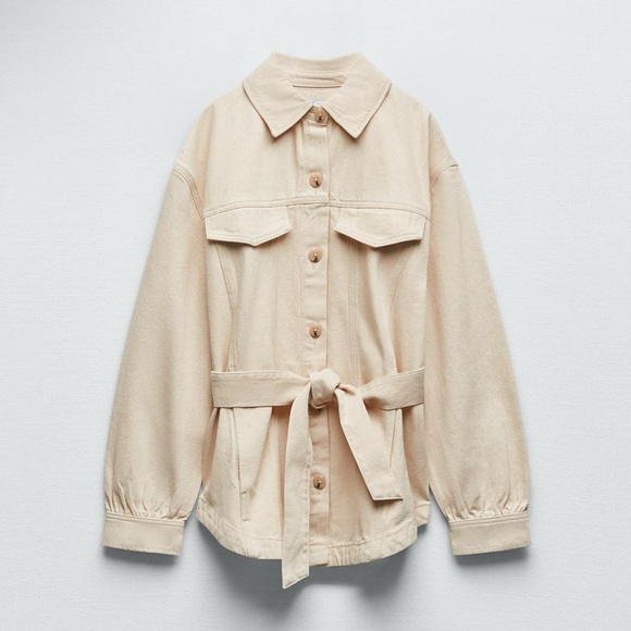 Zara | Jackets & Coats | Zara Cream Belted Denim Jacket Shacket Large ...